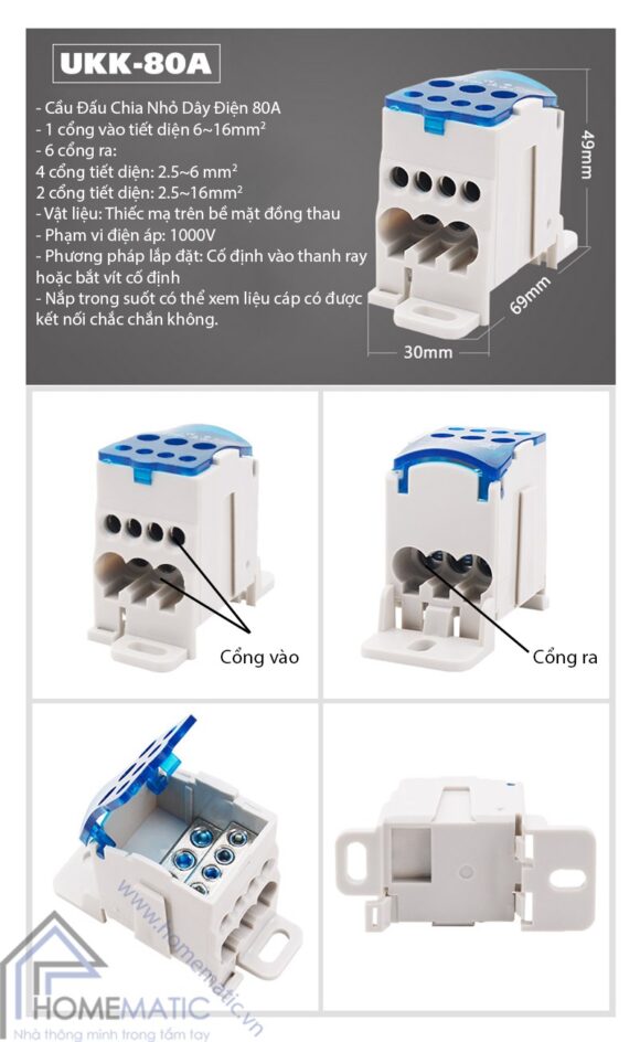 Cầu đấu chia nhỏ dây điện công suất lớn 80A UKK-80A